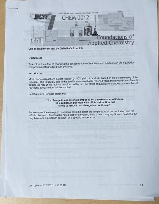 Solved Lab 3; Equilibrium and Le Chátelier's Principle | Chegg.com