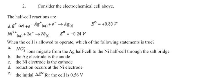 Solved 2. Consider the electrochemical cell above. The | Chegg.com