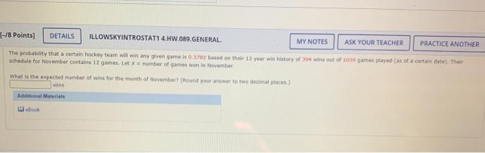 Solved (-/8 Points) DETAILS ILLOWSKYINTROSTAT1 4.HW.089. | Chegg.com Solved (-/8 Points) DETAILS ILLOWSKYINTROSTAT1 4.HW.089. | Chegg.com