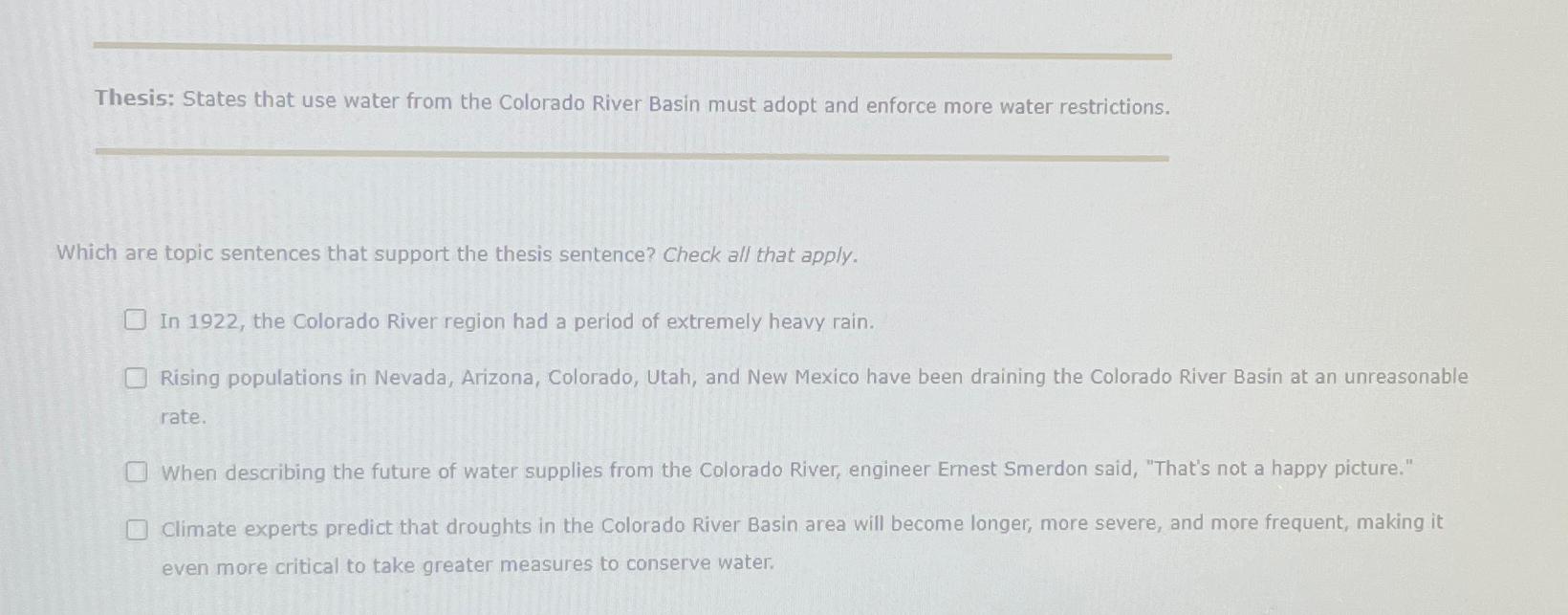 Solved Thesis: States that use water from the Colorado River | Chegg.com