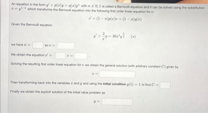 Solved An equation in the form y′+p(x)y=q(x)y′′ with n =0,1 | Chegg.com