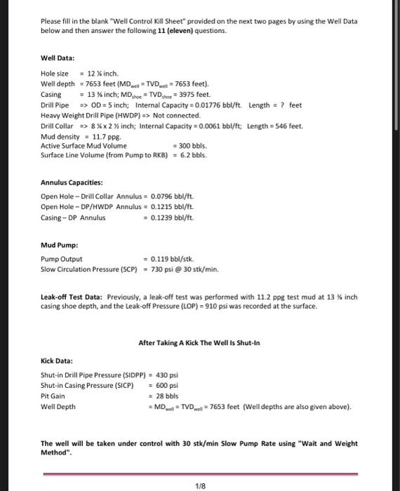 Solved Please fill in the blank"Well Control Kill Sheet" | Chegg.com