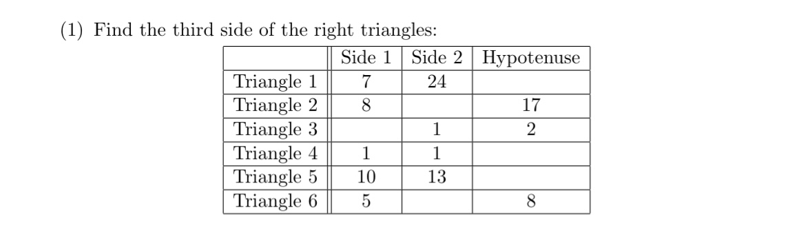 Solved (1) ﻿Find the third side of the right | Chegg.com