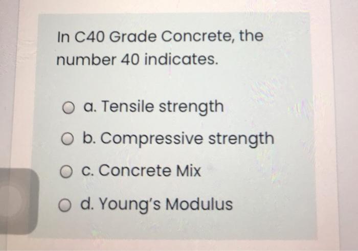 Solved In C40 Grade Concrete, the number 40 indicates. O a. | Chegg.com