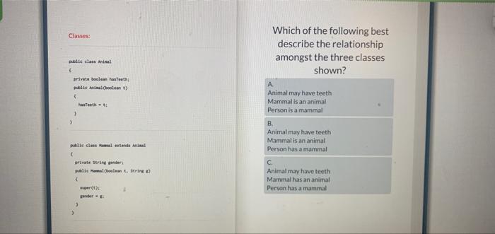 Solved Classes: public class Animal ( private boolean | Chegg.com