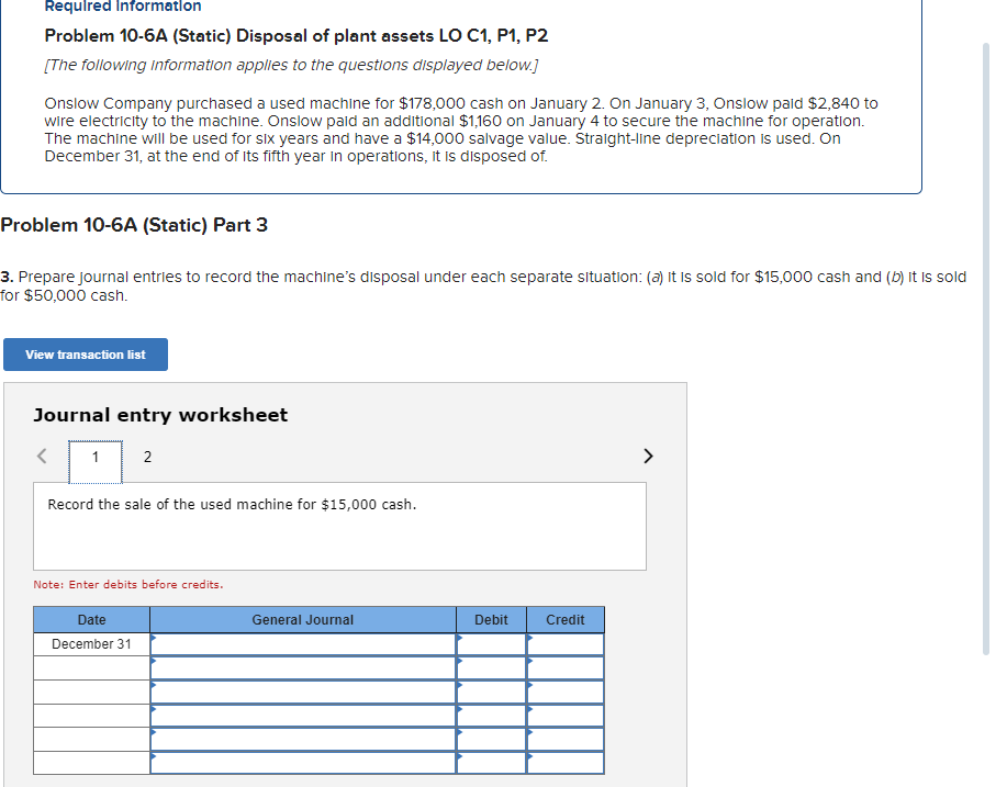 Solved Requlred InformationProblem 10-6A (Static) ﻿Disposal | Chegg.com