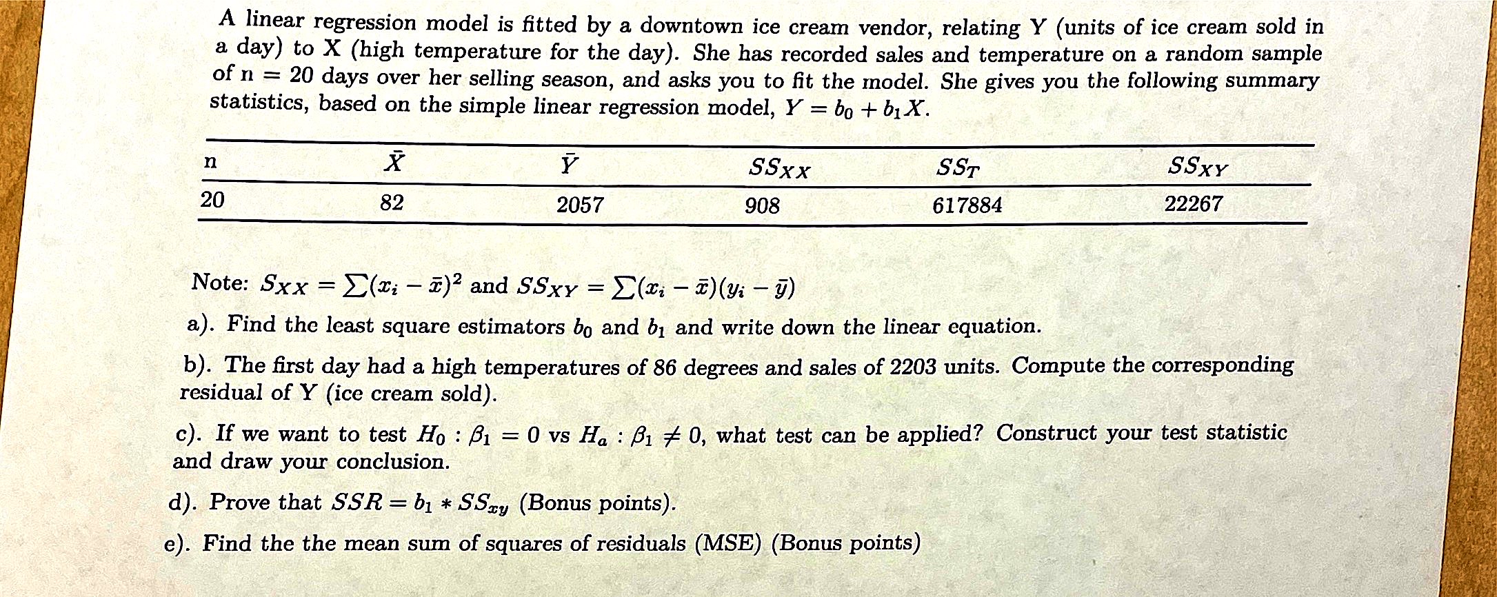 Solved A linear regression model is fitted by a downtown ice | Chegg.com
