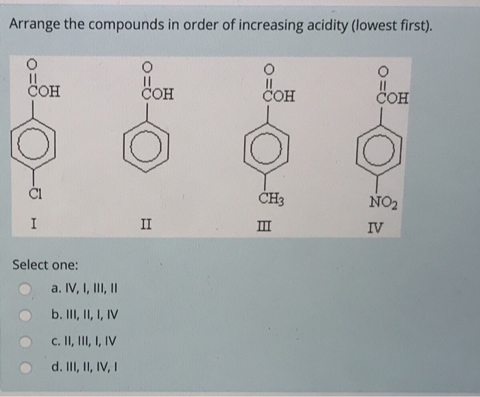 Solved Arrange the compounds in order of increasing acidity | Chegg.com