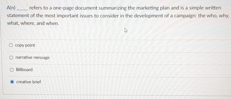 Solved A(n) ﻿refers to a one-page document summarizing the | Chegg.com