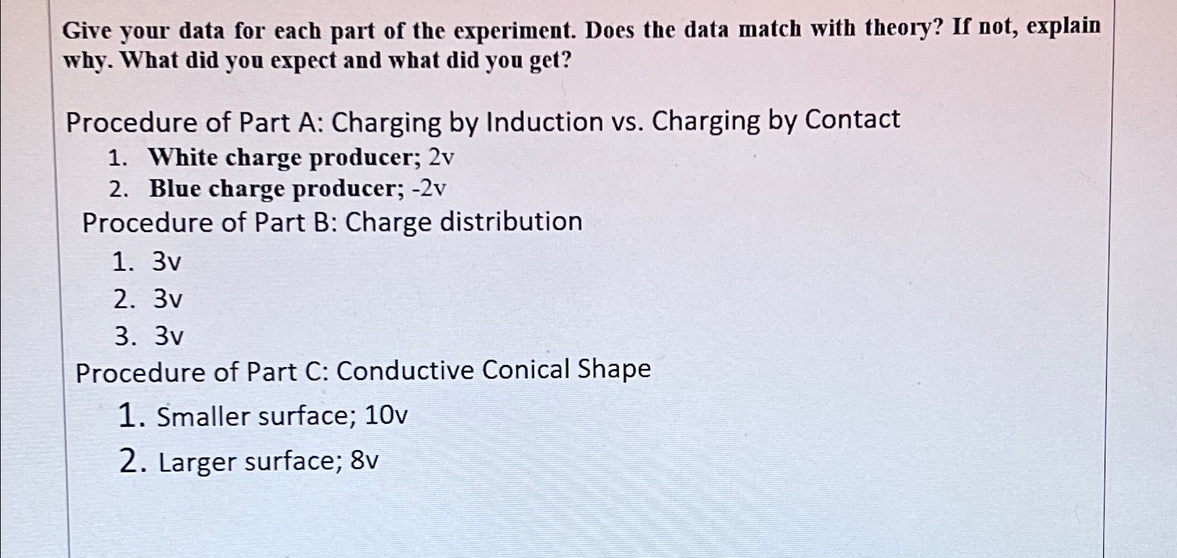 Solved Give your data for each part of the experiment. Does | Chegg.com