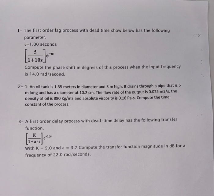 Solved 1 - The first order lag process with dead time show | Chegg.com