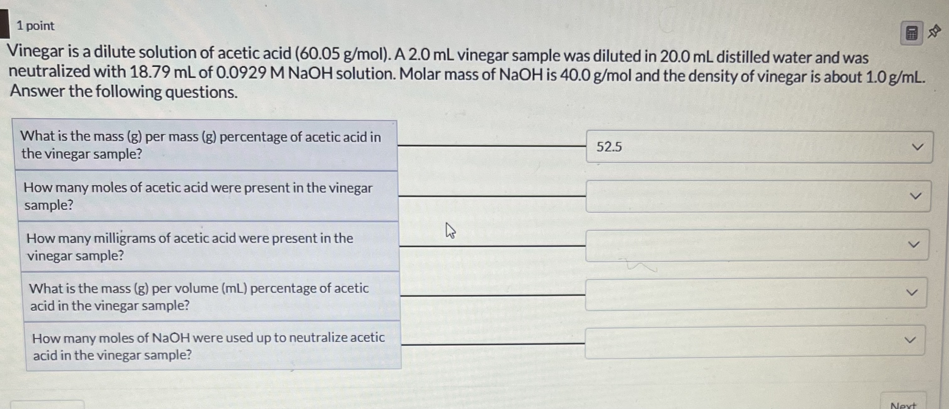 Solved 1 ﻿pointVinegar is a dilute solution of acetic acid | Chegg.com