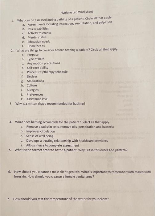 Solved Hygiene Lab Worksheet 1. What can be assessed during | Chegg.com