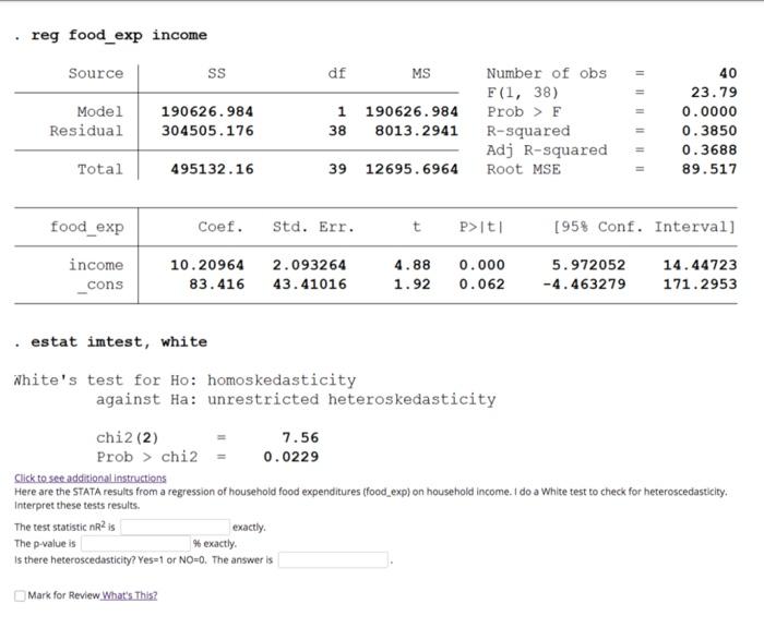 Solved - reg food exp income - estat imtest, white White's | Chegg.com