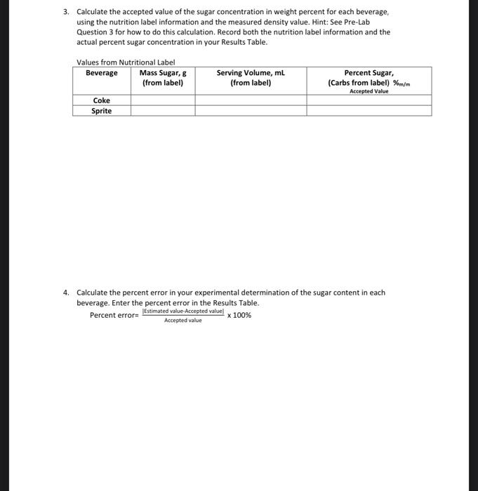 Solved 3. Calculate the accepted value of the sugar | Chegg.com