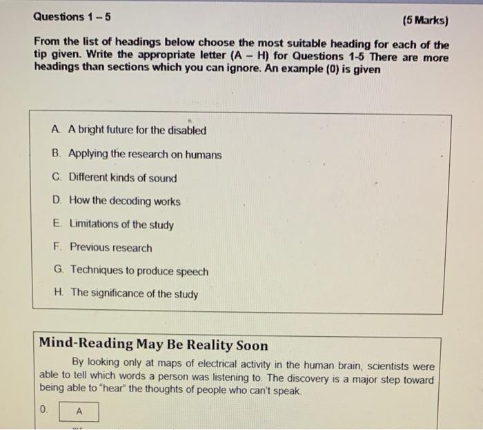 Solved Questions 1-5 (5 Marks) From the list of headings | Chegg.com