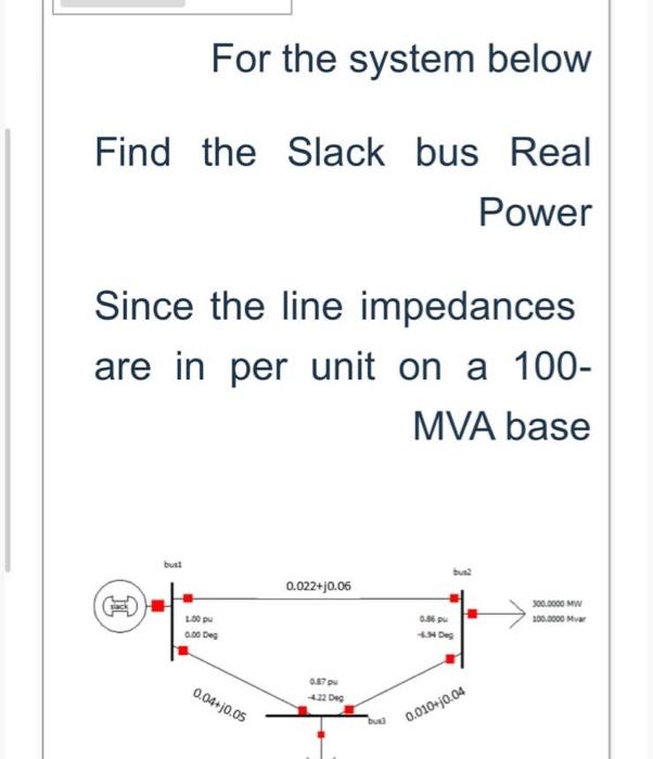 Solved For the system below Find the Slack bus Real Power | Chegg.com