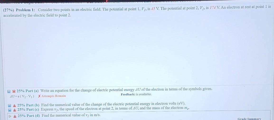 Solved (27%) Problem 1: Consider two points in an electric | Chegg.com