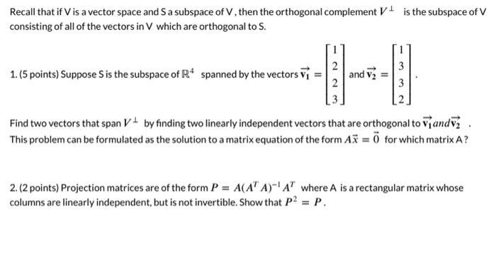 Solved Recall that if V is a vector space and S a subspace | Chegg.com