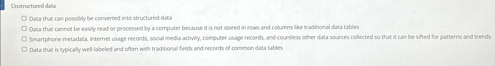 Solved Unstructured dataData that can possibly be converted | Chegg.com