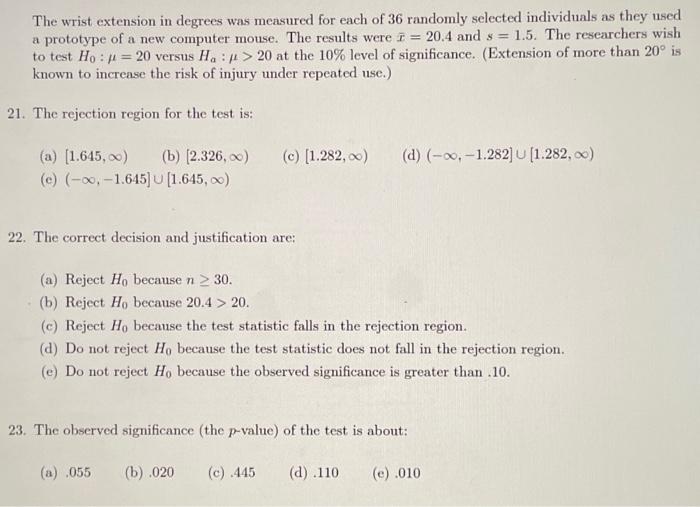 Solved The wrist extension in degrees was measured for each | Chegg.com