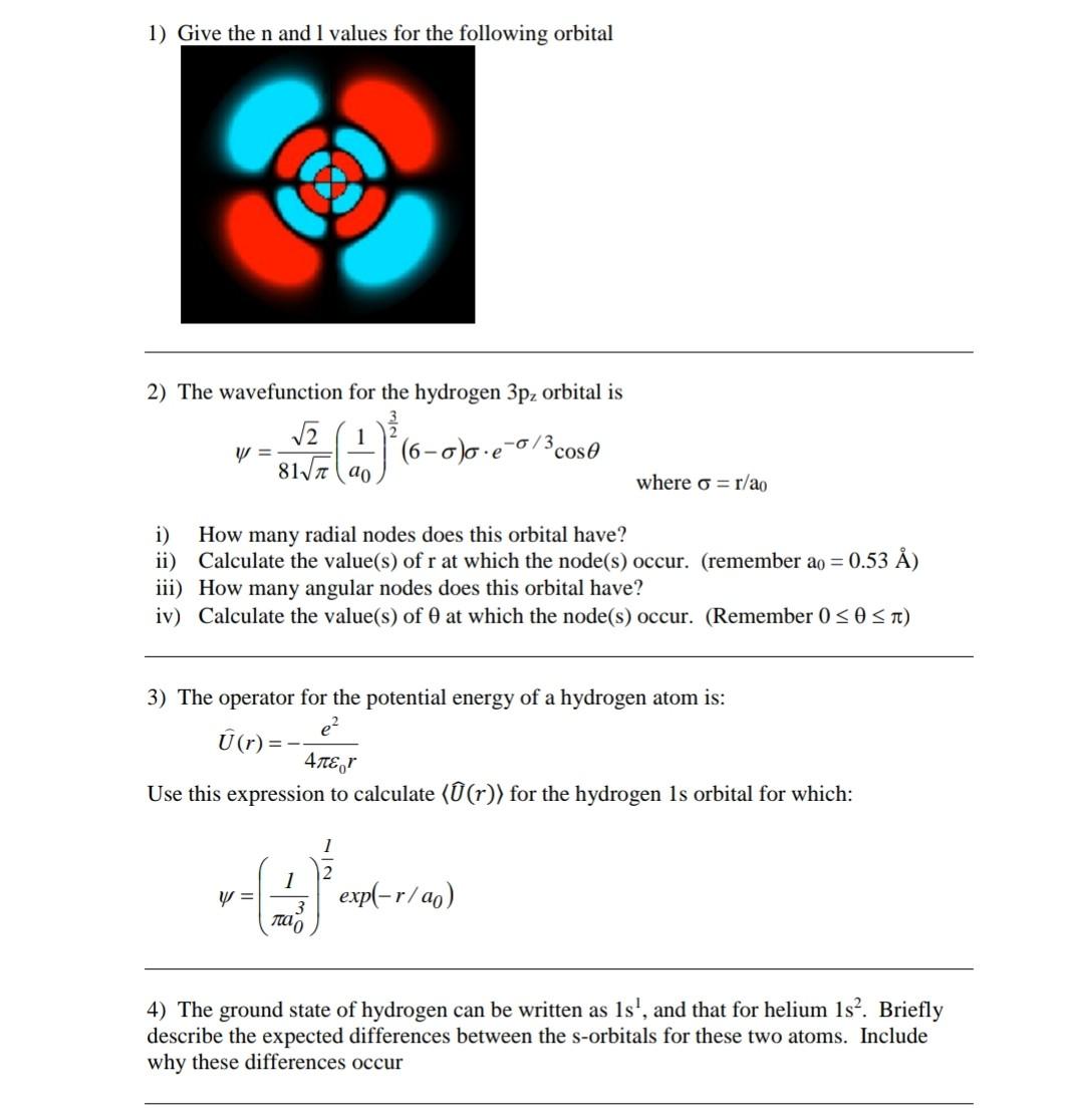 1) Give the n and l values for the following orbital | Chegg.com
