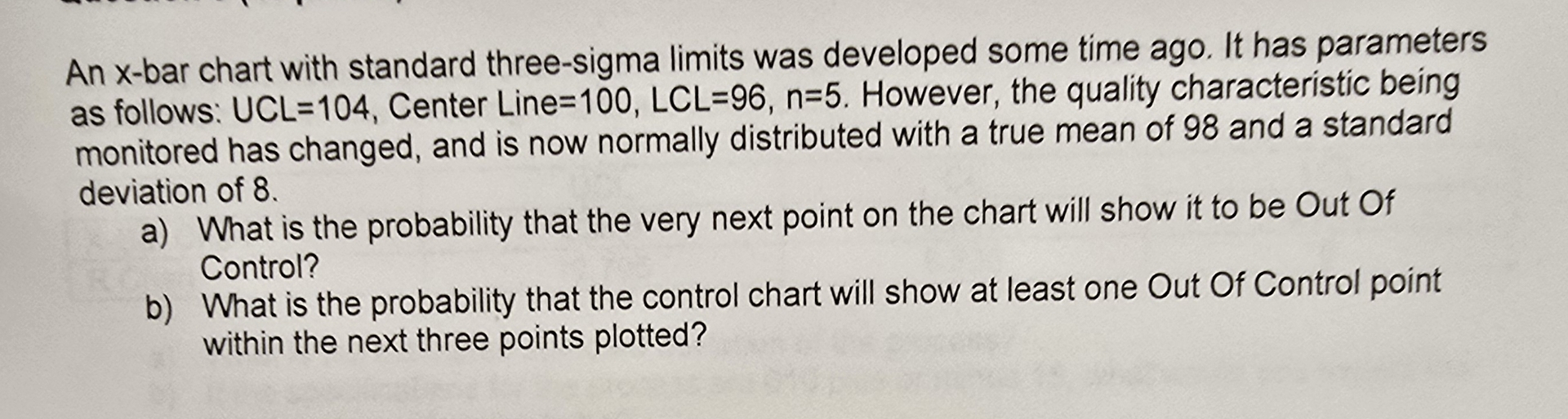 Solved An x-bar chart with standard three-sigma limits was | Chegg.com