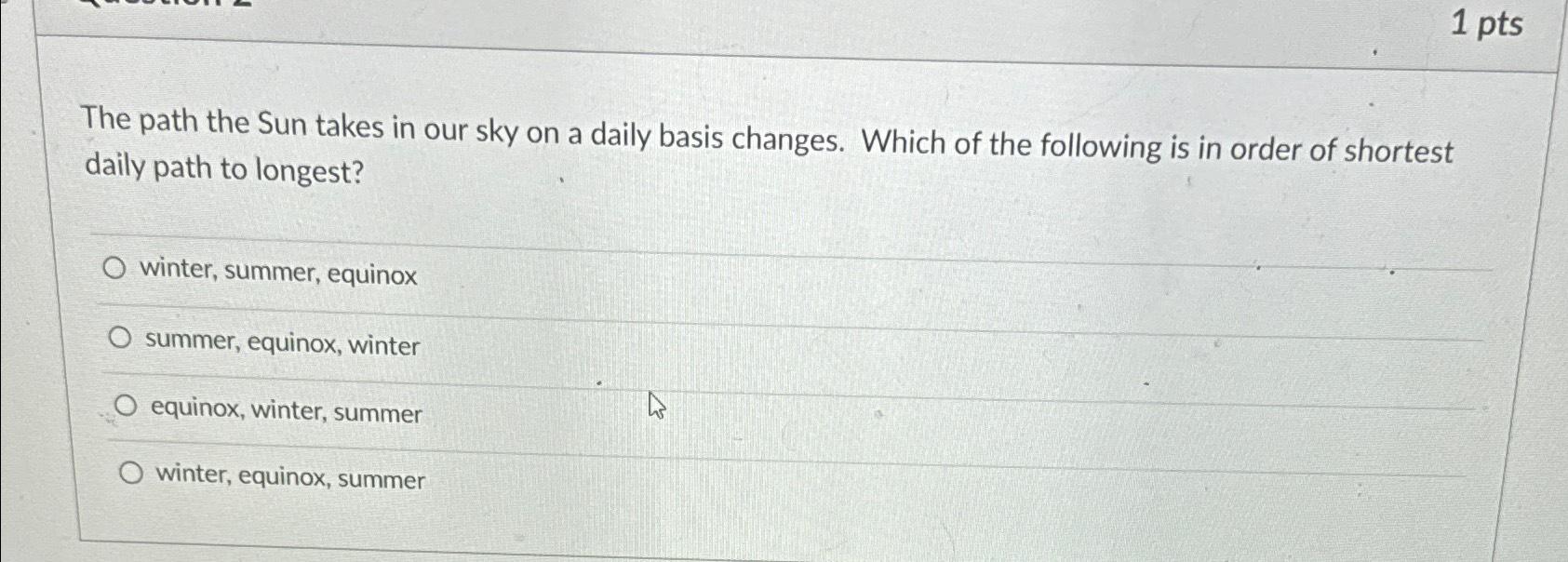 Solved 1 ﻿ptsThe path the Sun takes in our sky on a daily | Chegg.com