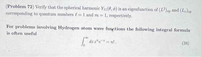 Solved (Problem 72) Verify that the spherical harmonic | Chegg.com