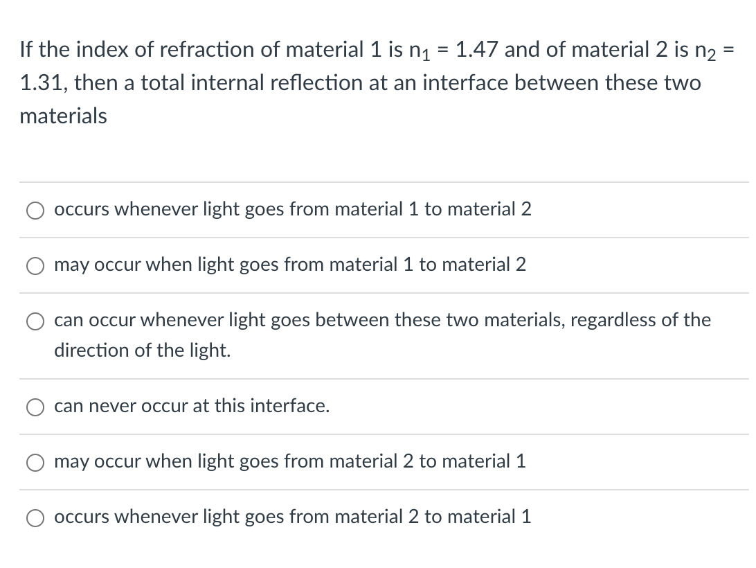 Solved If the index of refraction of material 1 ﻿is n1=1.47 | Chegg.com