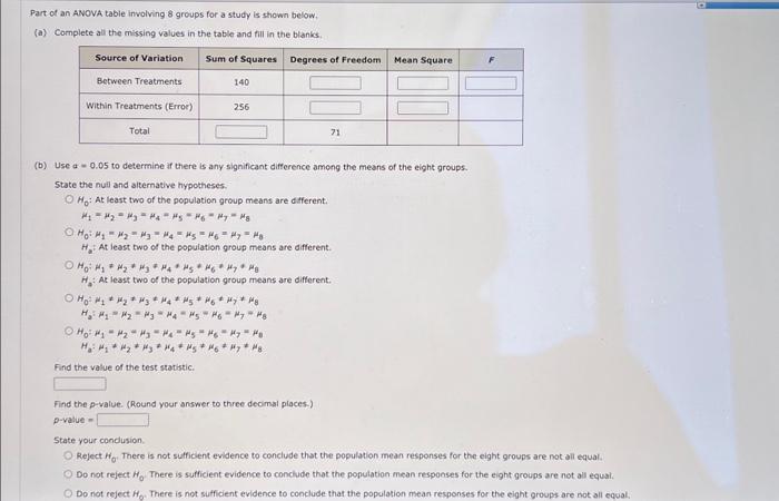 Solved Part of an ANOVA table involving 8 groups for a study | Chegg.com