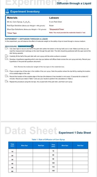 Diffusion through a Liquid EXPERIMENT 1- BarUSAN | Chegg.com