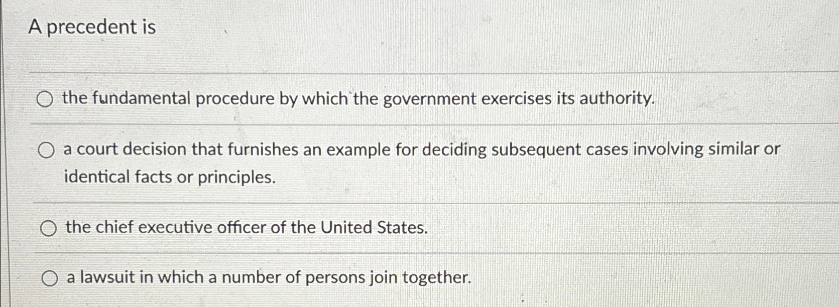 Solved A precedent isthe fundamental procedure by which the | Chegg.com