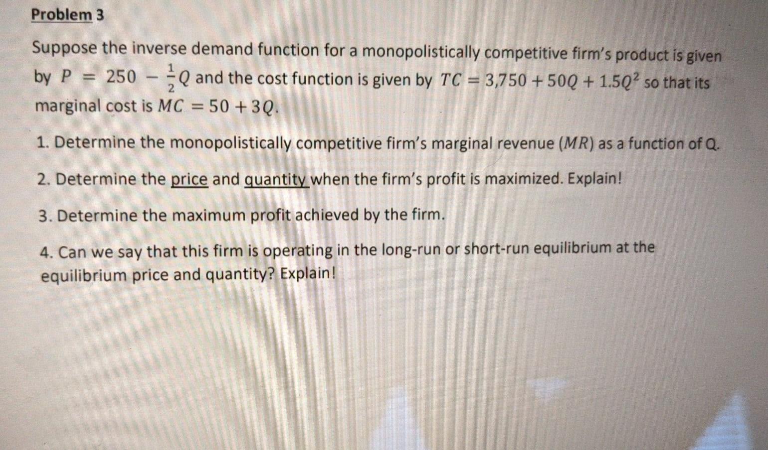 Solved Problem 3 Suppose the inverse demand function for a | Chegg.com