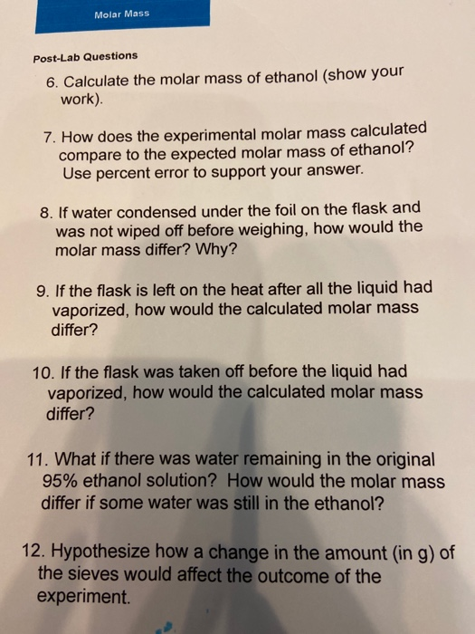 Solved Molar Mass Post-Lab Questions 6. Calculate the molar | Chegg.com