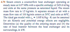 Solved Steam enters a counterflow heat exchanger operating | Chegg.com