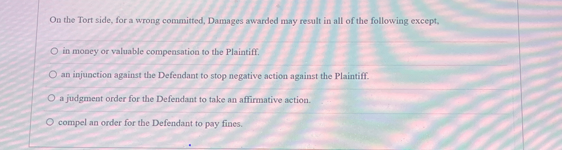 Solved On the Tort side, for a wrong committed, Damages | Chegg.com
