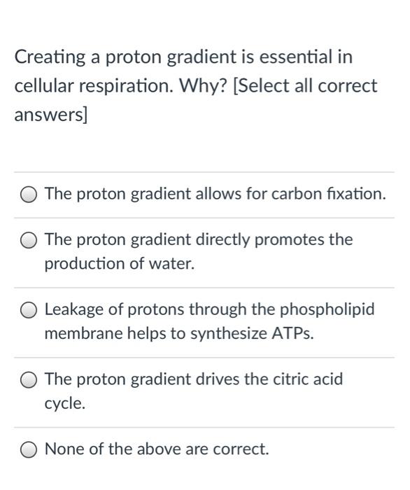 Solved Creating a proton gradient is essential in cellular | Chegg.com
