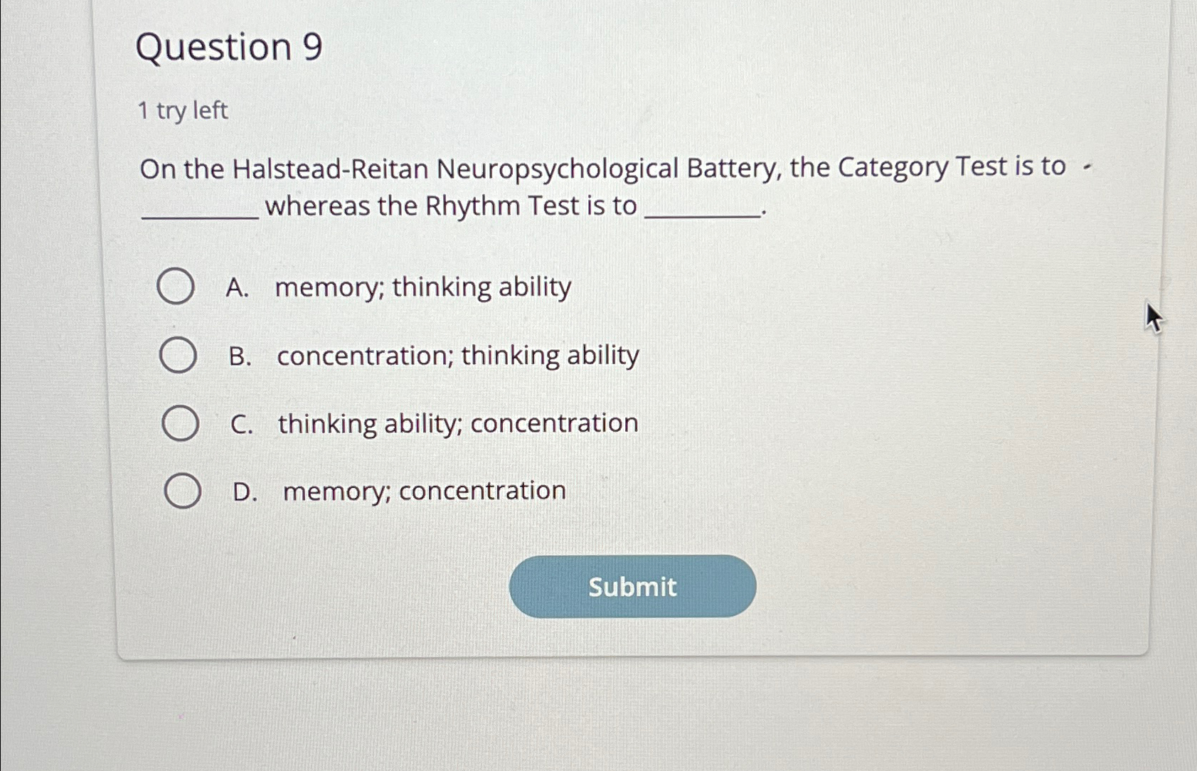 Solved Question 91 ﻿try leftOn the Halstead-Reitan | Chegg.com