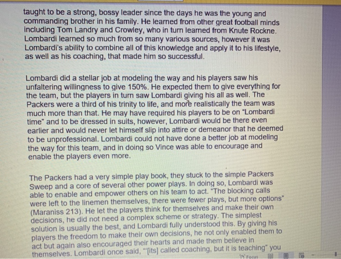 Solved In the Lombardi leadership case study list, the | Chegg.com