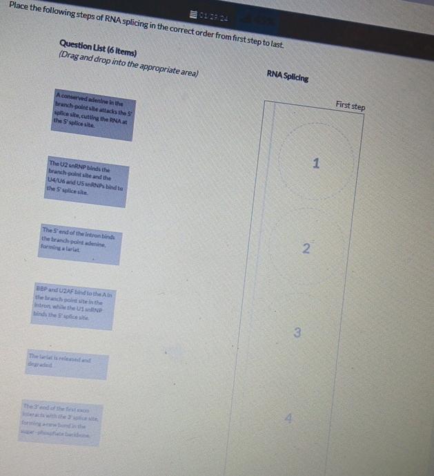 Solved Place the following steps of RNA splicing in the | Chegg.com