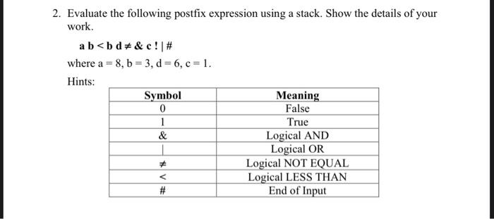 Solved 2. Evaluate the following postfix expression using a | Chegg.com