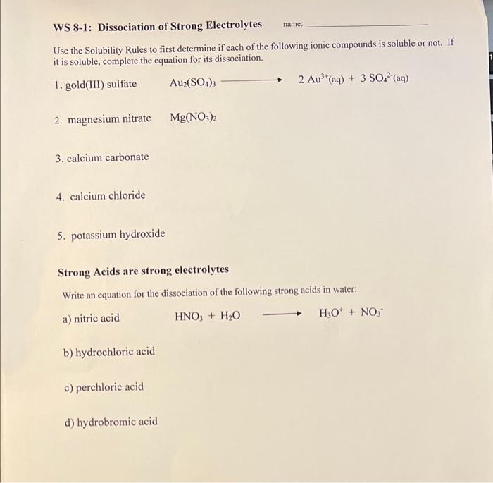 Solved WS 8-1: Dissociation of Strong Electrolytes name: Use | Chegg.com