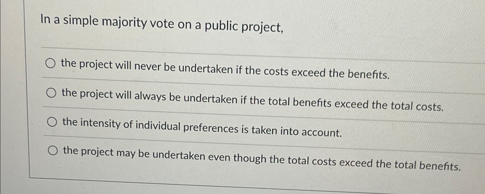 Solved In a simple majority vote on a public project,the | Chegg.com