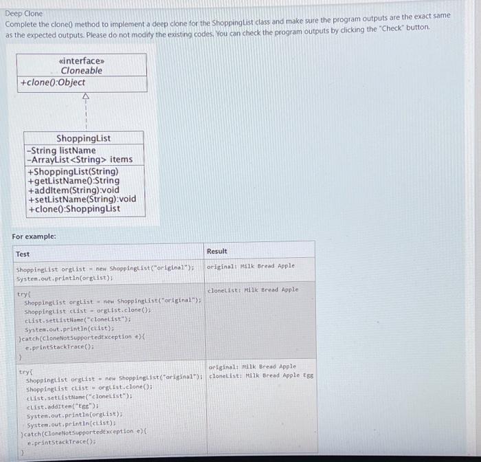 Solved Deep Clone Complete the clone method to implement a | Chegg.com