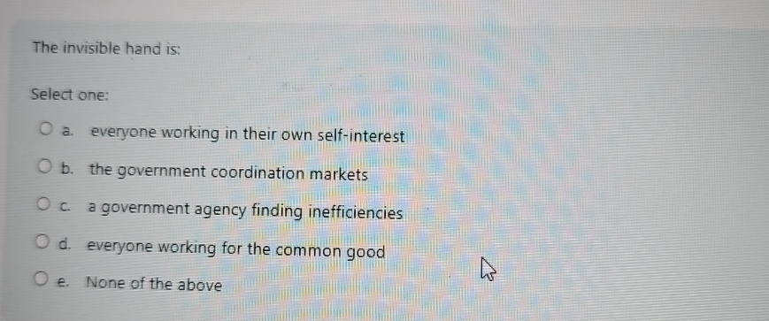 Solved The invisible hand is:Select one:a. ﻿everyone working | Chegg.com