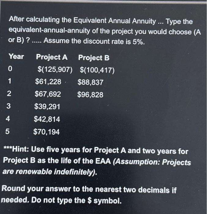 Solved After calculating the Equivalent Annual Annuity ... | Chegg.com