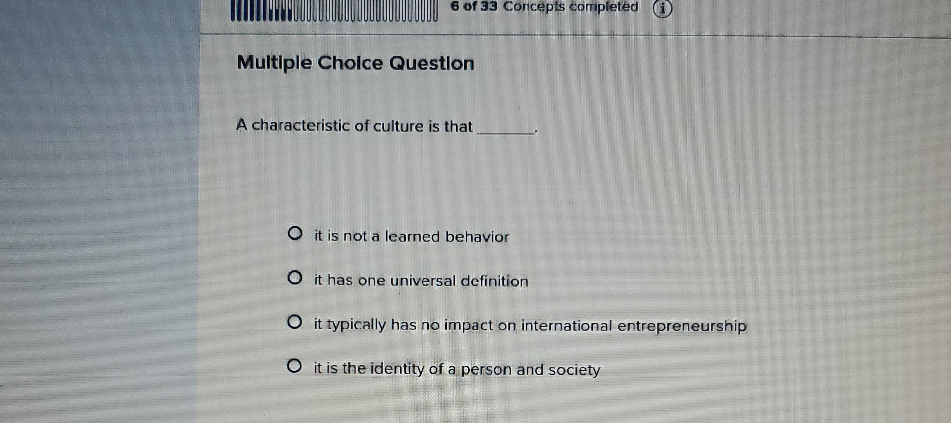 Solved Multiple Cholce QuestionA characteristic of culture | Chegg.com