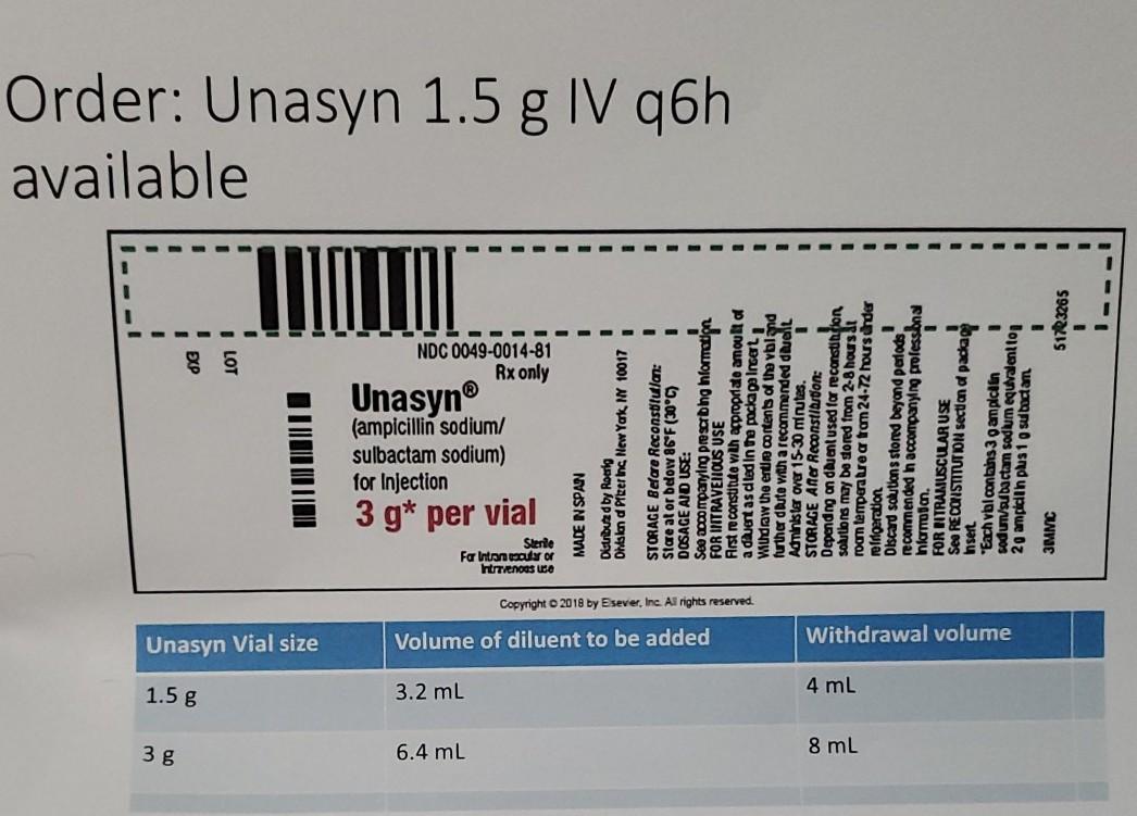 Solved 3 g 1.5 g OS Unasyn Vial size 101 1 available Order: | Chegg.com