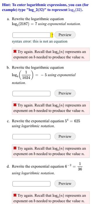 Solved Hint: To enter logarithmic expressions, you can (for | Chegg.com